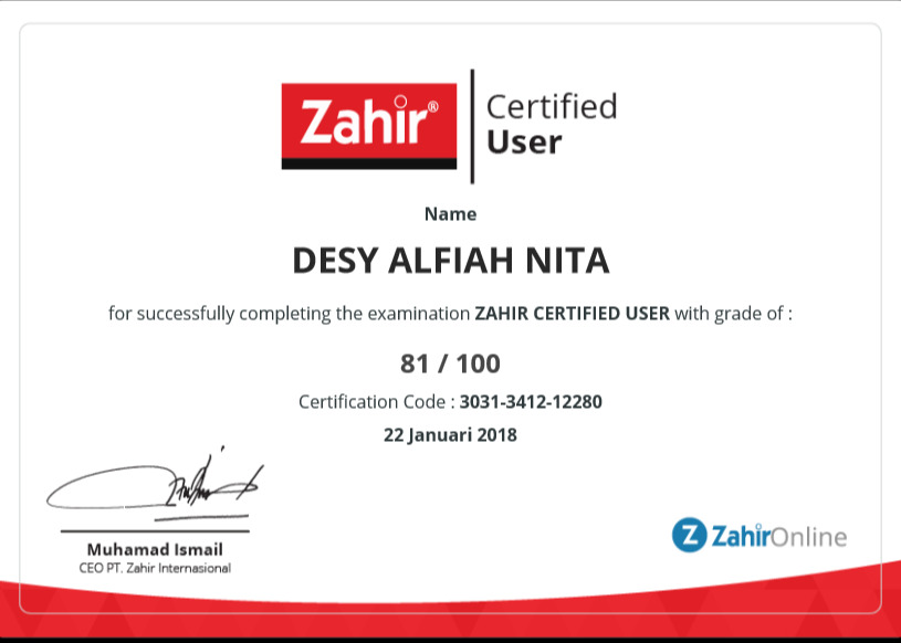Certificate for User Desy Alfiah Nita - ZAHIR CERTIFICATION PROGRAM