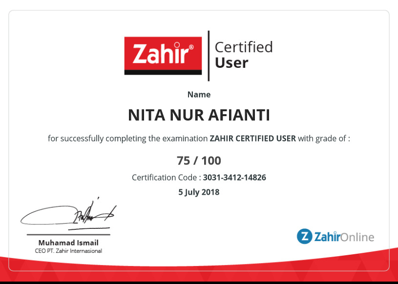 Certificate for User Nita Nur Afianti - ZAHIR CERTIFICATION PROGRAM