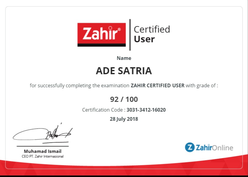 Certificate for User ADE SATRIA - ZAHIR CERTIFICATION PROGRAM