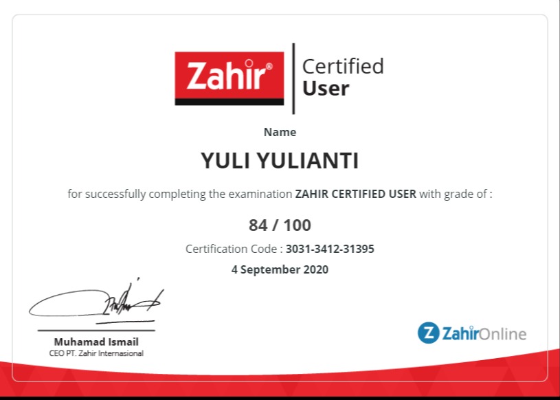Certificate for User Yuli Yulianti - ZAHIR CERTIFICATION PROGRAM