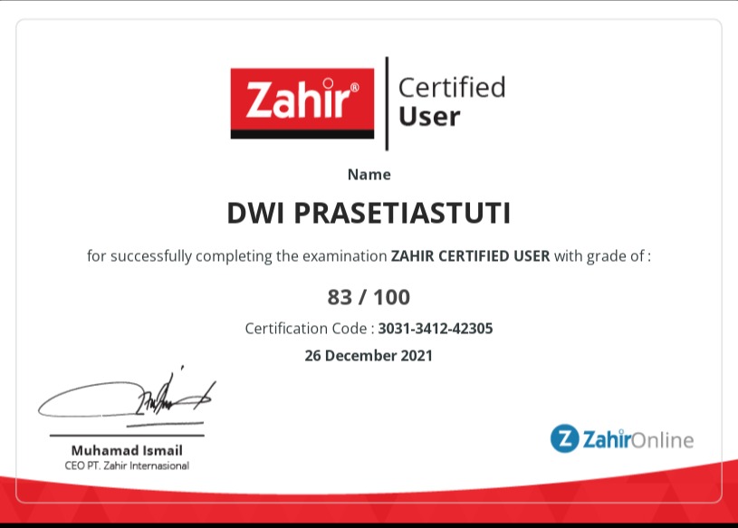 Certificate for User DWI PRASETIASTUTI - ZAHIR CERTIFICATION PROGRAM